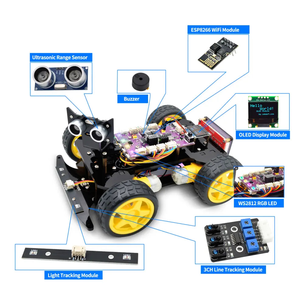Adeept 4WD Smart Car Kit (Compatible w/ Arduino IDE) - RobotShop