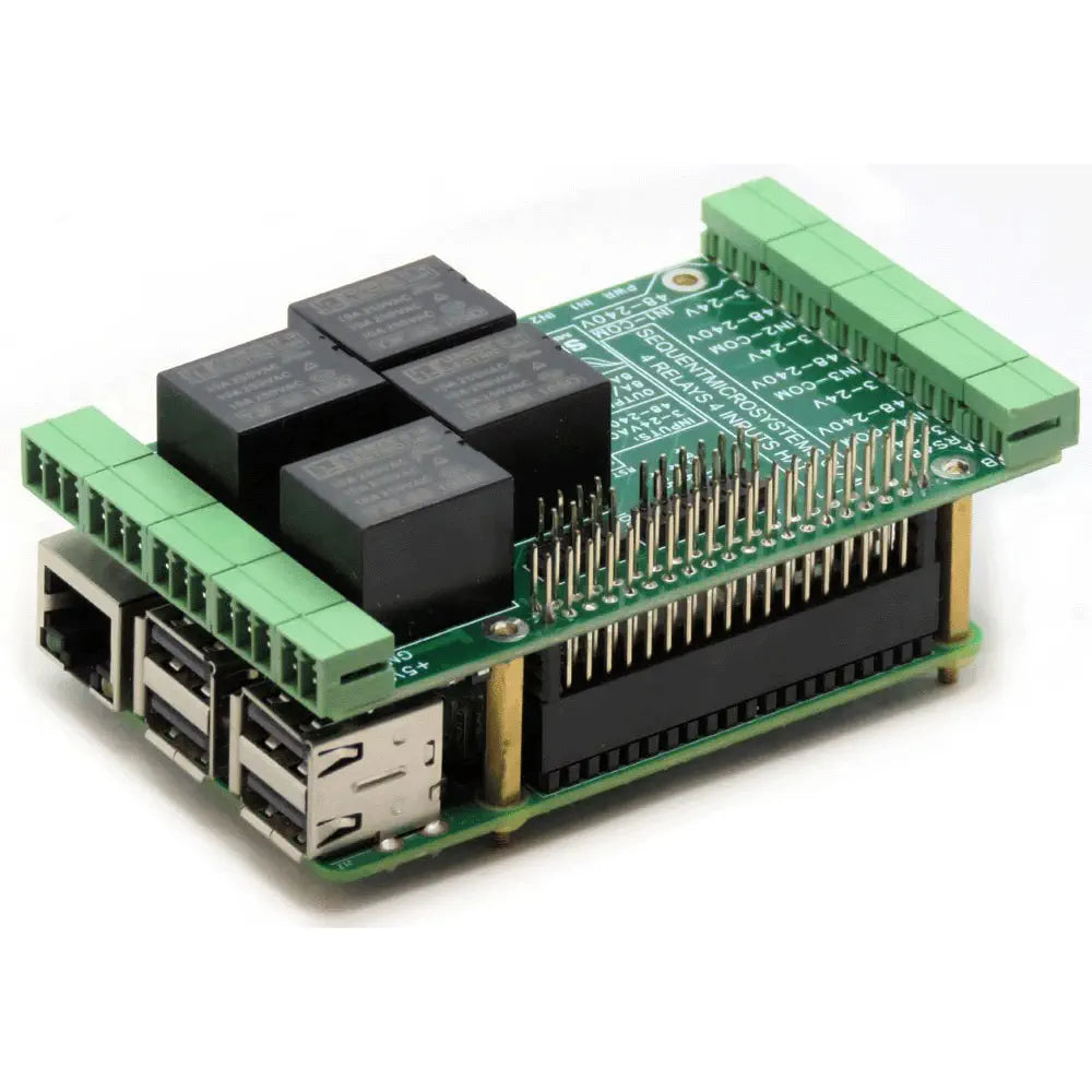 Sequent Microsystems 4-Relays 4-HV-Inputs 8-Layer Stackable HAT for Raspberry Pi - RobotShop